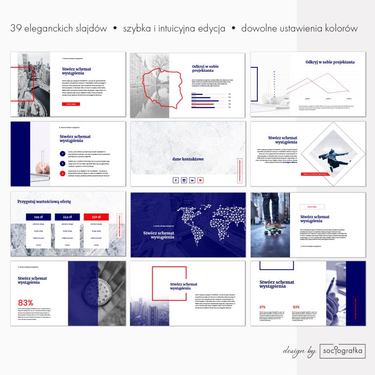 Elegancka prezentacja PowerPoint w odcieniach granatu i czerwieni